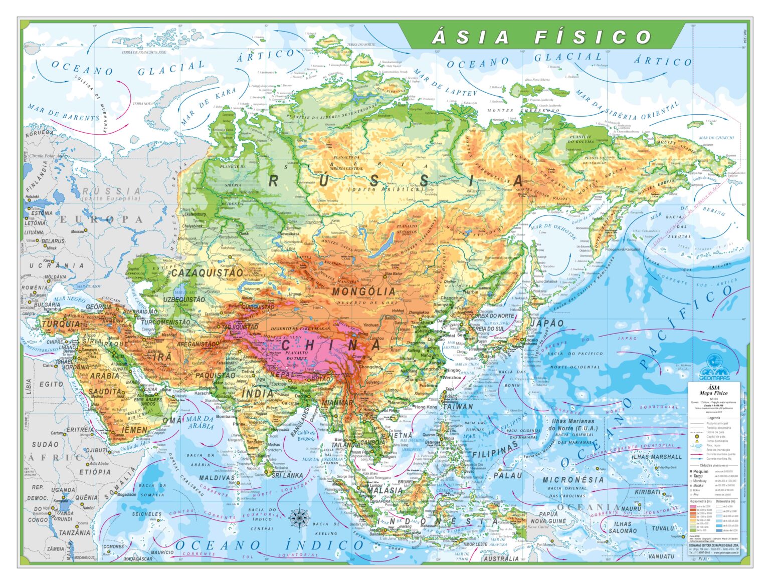 Mapa Da Asia Fisico - Ref 224 - 07 - Formato: 1,20x0,90m - GEO Mapas