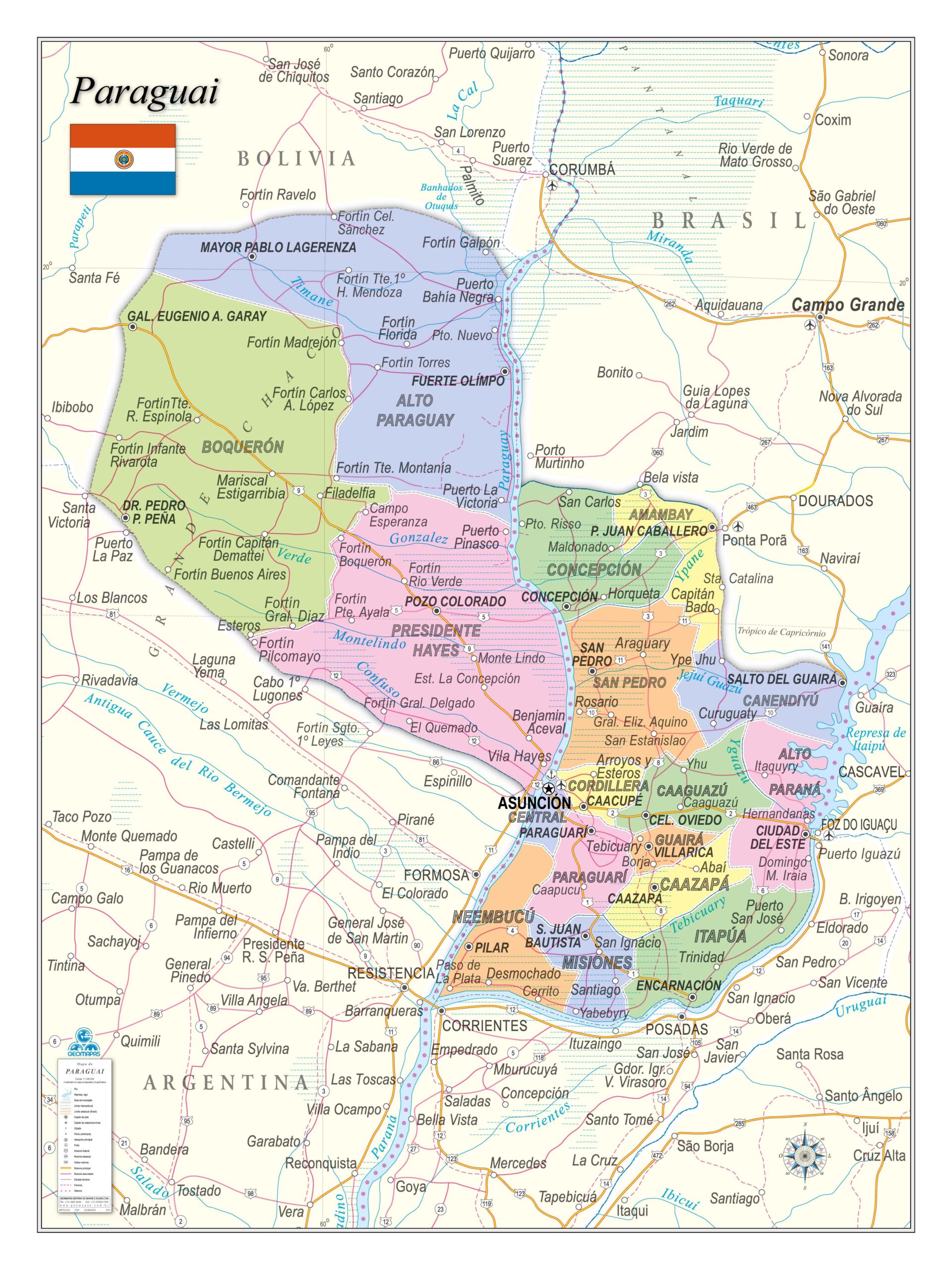 Mapa Do Paraguai Pol. E Rod. - Ref: 240 - Formato: 0.90x1.20m - GEO Mapas