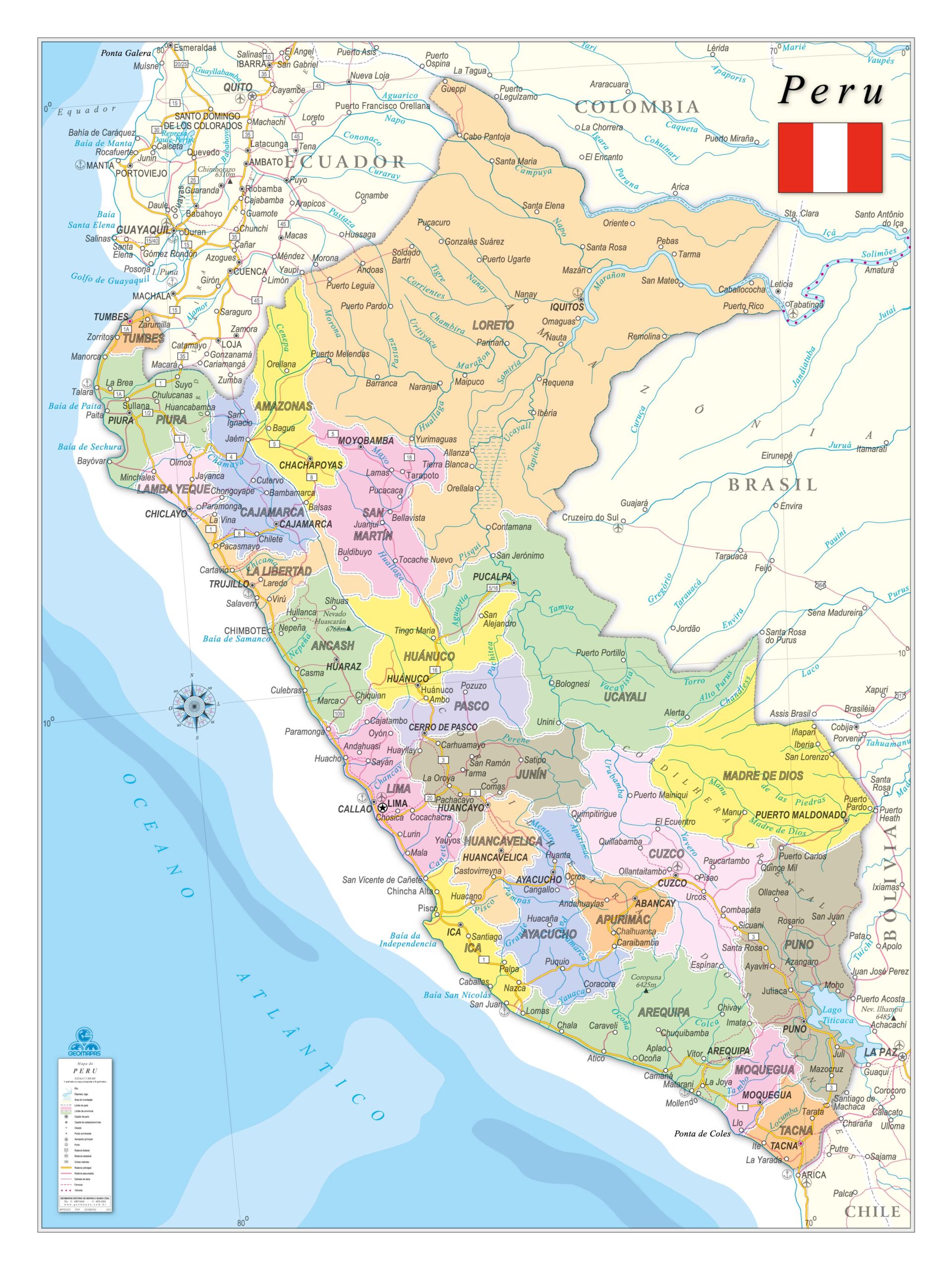 Mapa Do Peru Político E Rodoviário - Ref: 241 - Formato: 0.90x1.20m ...