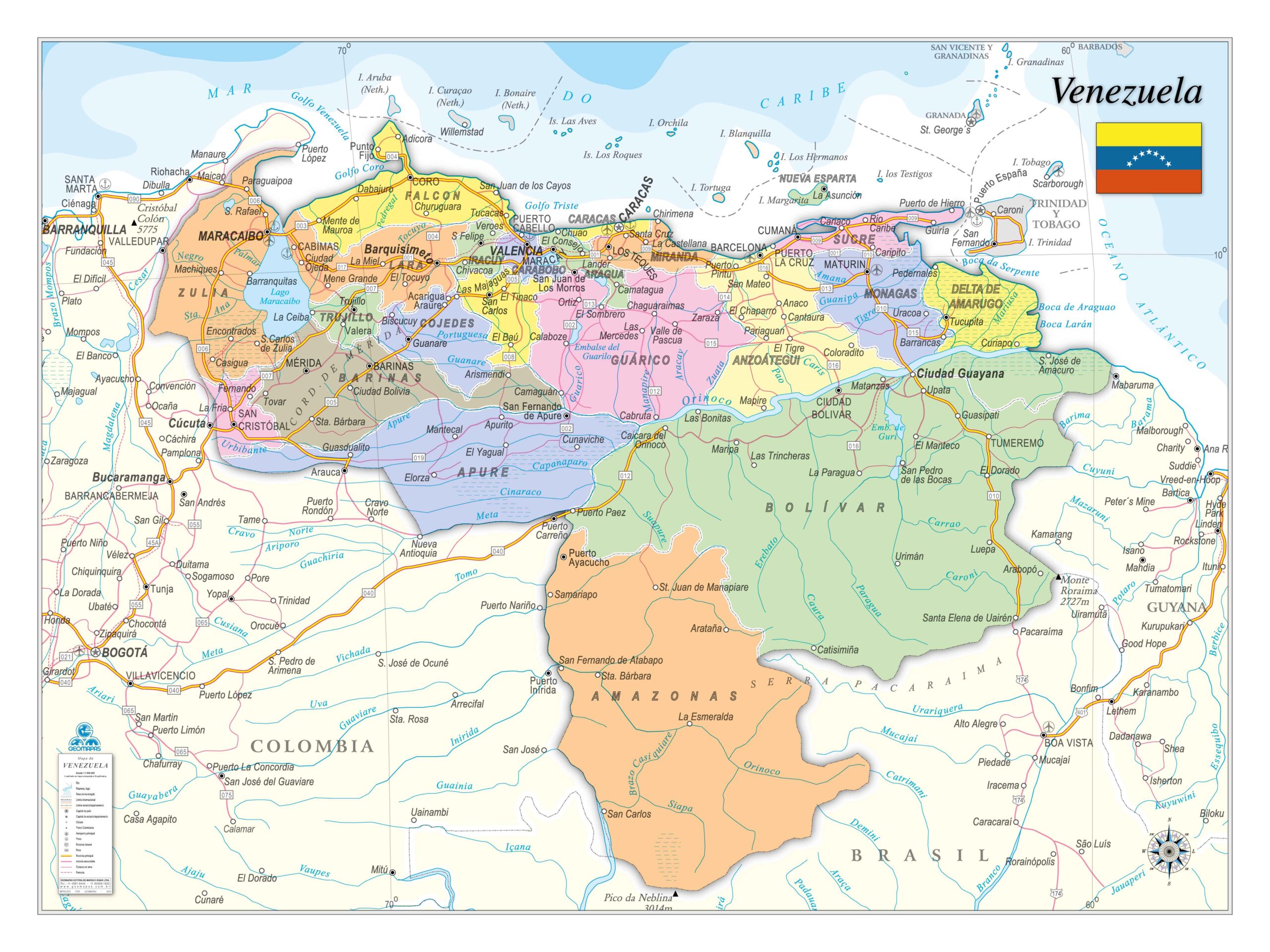 Mapa Da Venezuela Pol. E Rod. - Ref: 243 - Formato: 1.20x0.90m - GEO Mapas
