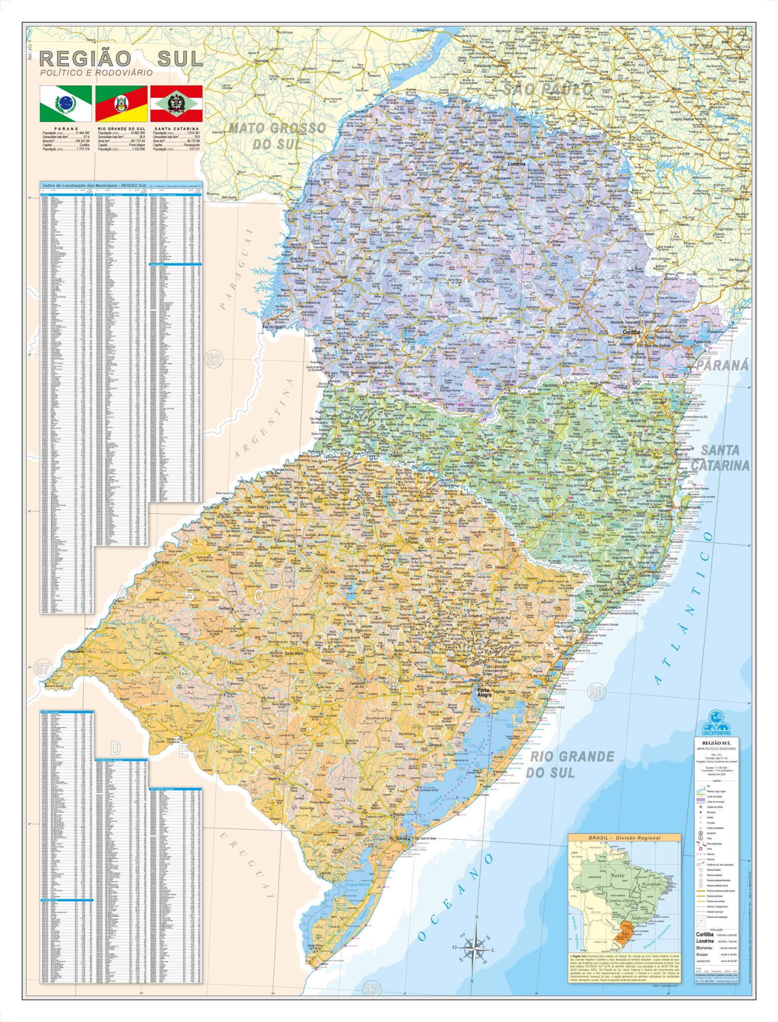 Mapa Da Região Sul Do Brasil - Ref: 412 - 07 - Formato: 0,90x1,20m ...