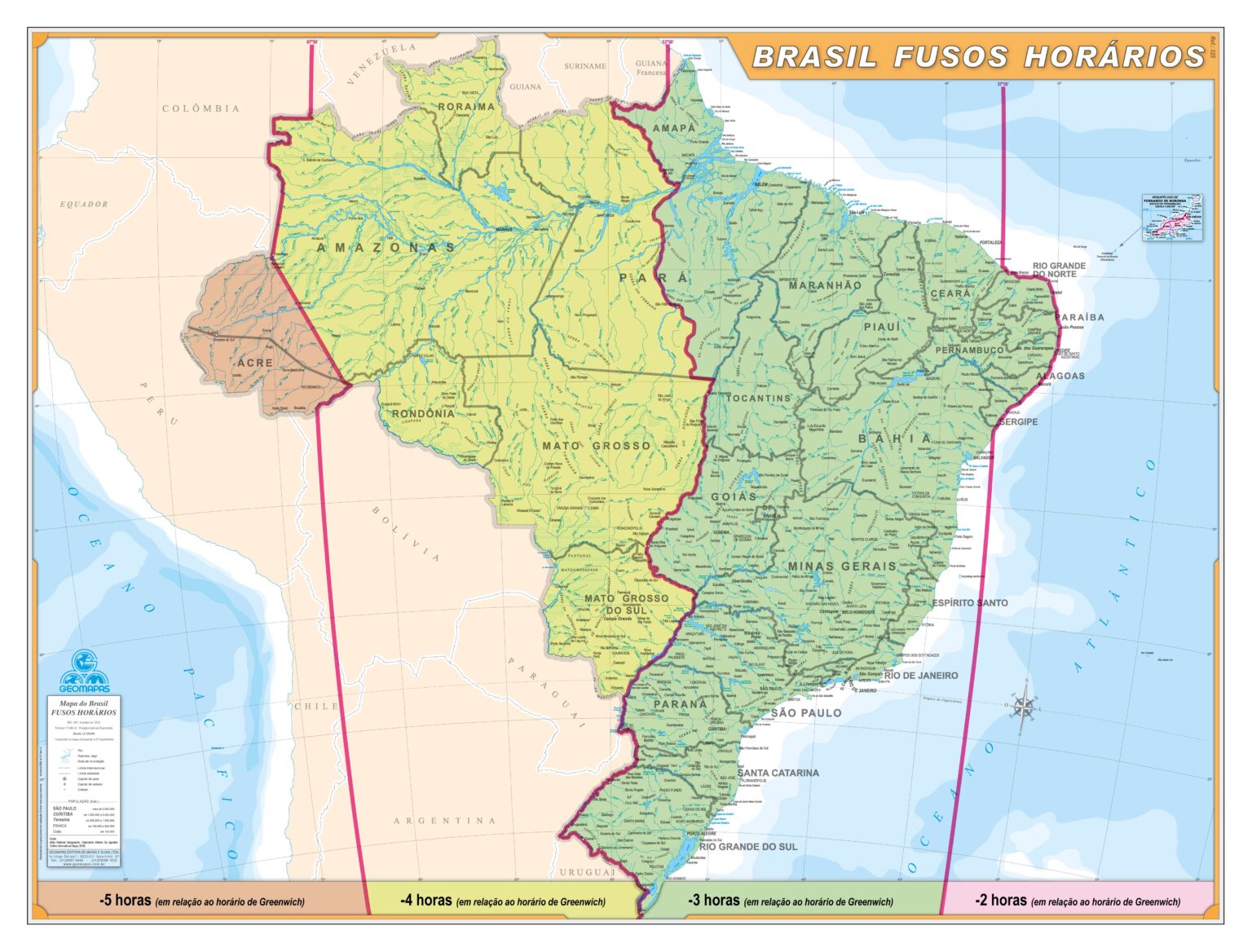 Mapa Do Brasil Fusos Horários - Ref: 325 - 07 - Formato: 1,20x0,90m ...